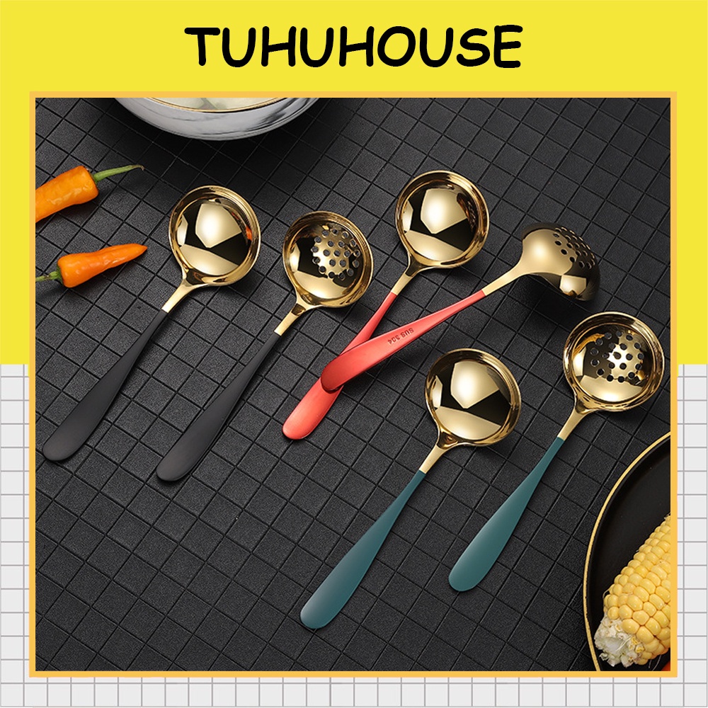 Vá muôi múc canh inox 304 cao cấp, thìa múc canh và vá lỗ cán dài nhiều ...