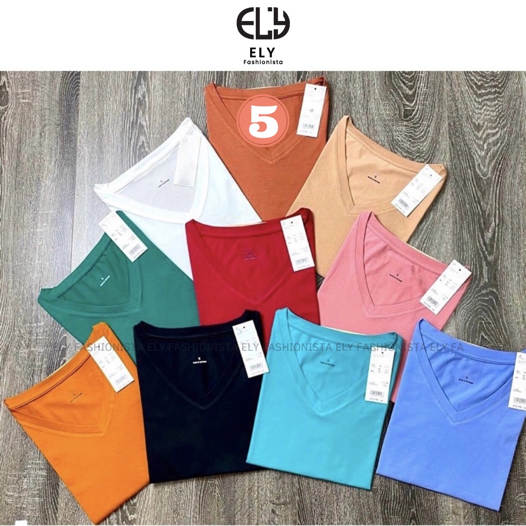 Áo phông nữ ELY trơn cổ tim ngắn tay dáng suông cotton basic đẹp trắng cao cấp, áo thun nữ cổ V ...