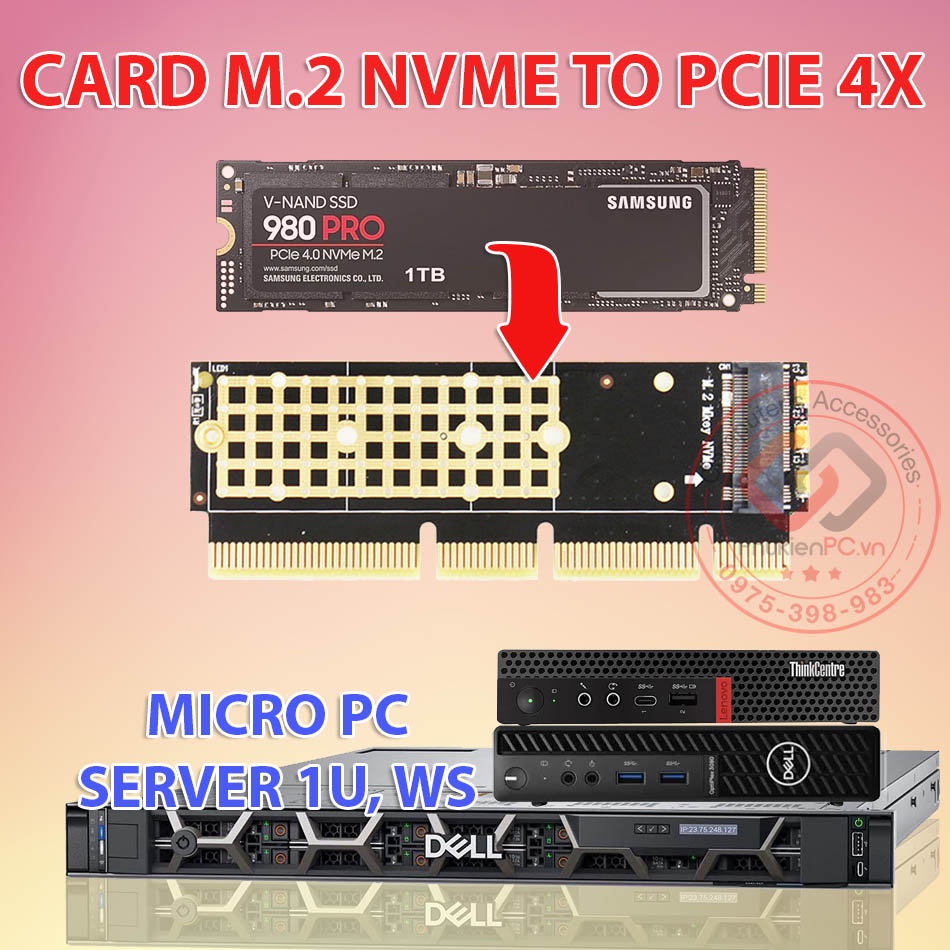 Card gắn ổ cứng SSD M2 NVMe PCIe cho server 1U, 2U, máy tính PC ...