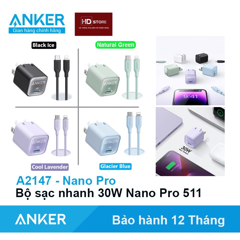 Bộ sạc nhanh 30W Anker Nano 3 511- A2147 + PowerLine USB-C to Lighting ...