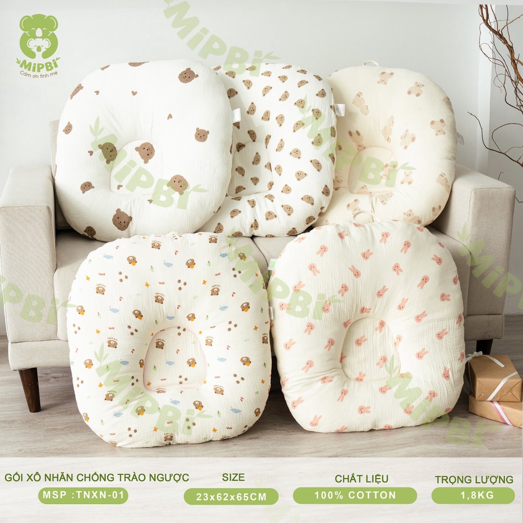 Gối chống trào ngược cho bé Mipbi vải xô Muslin Organic cao cấp mềm mại cho bé nằm chống chớ ...