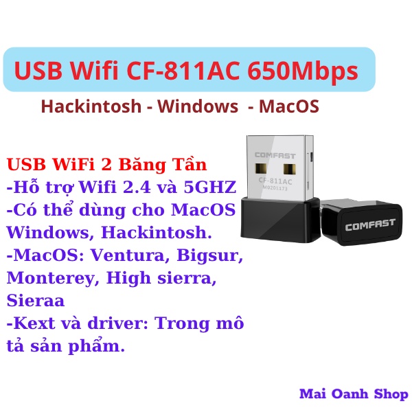 USB Thu WiFi Comfast CF-811AC 2 Băng Tần 2.4Ghz Và 5GHZ - Hỗ Trợ MacOS, Windows, Hackintosh ...