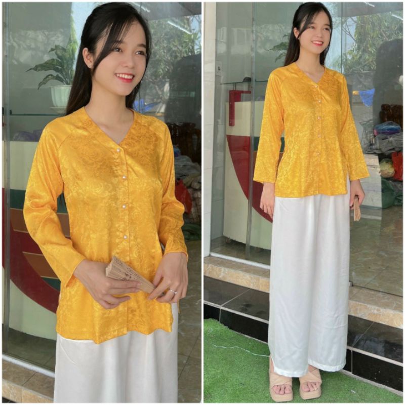 BÀ BA TIM GẤM Đồ lam đi chùa áo bà ba gấm cổ tim đủ màu( bán áo riêng ...