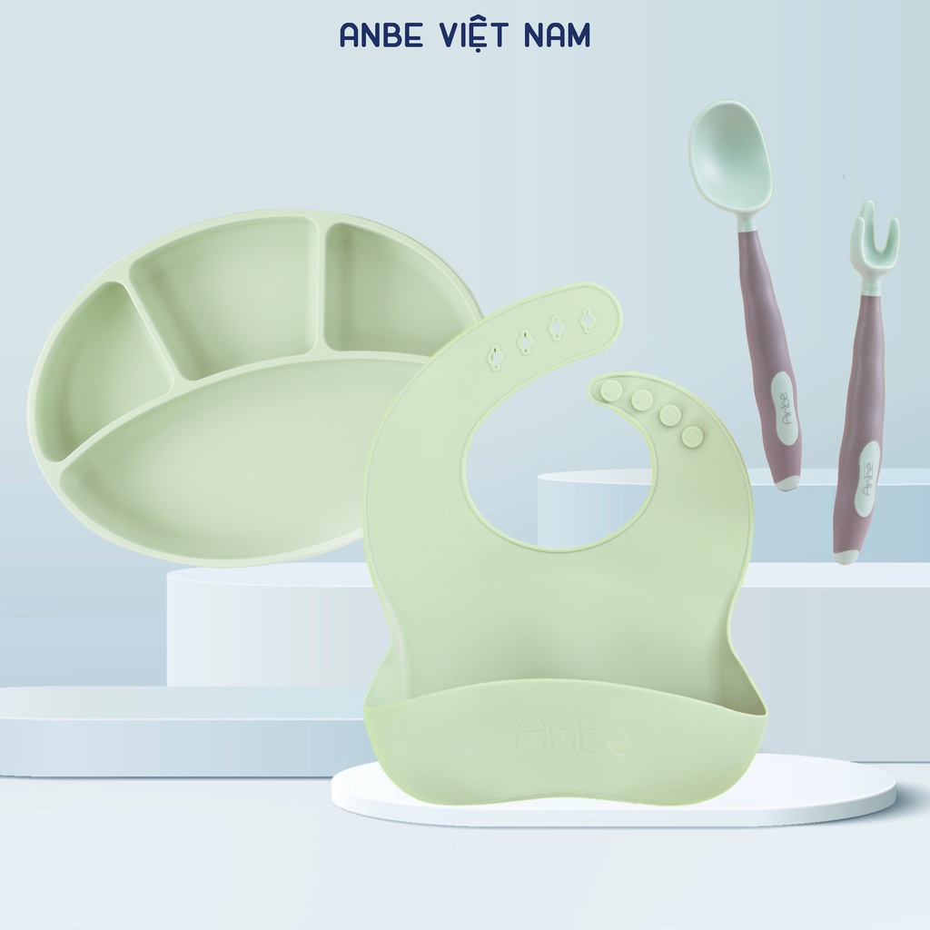 Combo khay yếm silicone thìa dĩa uốn cong 360 độ ăn dặm cho bé tập xúc ...