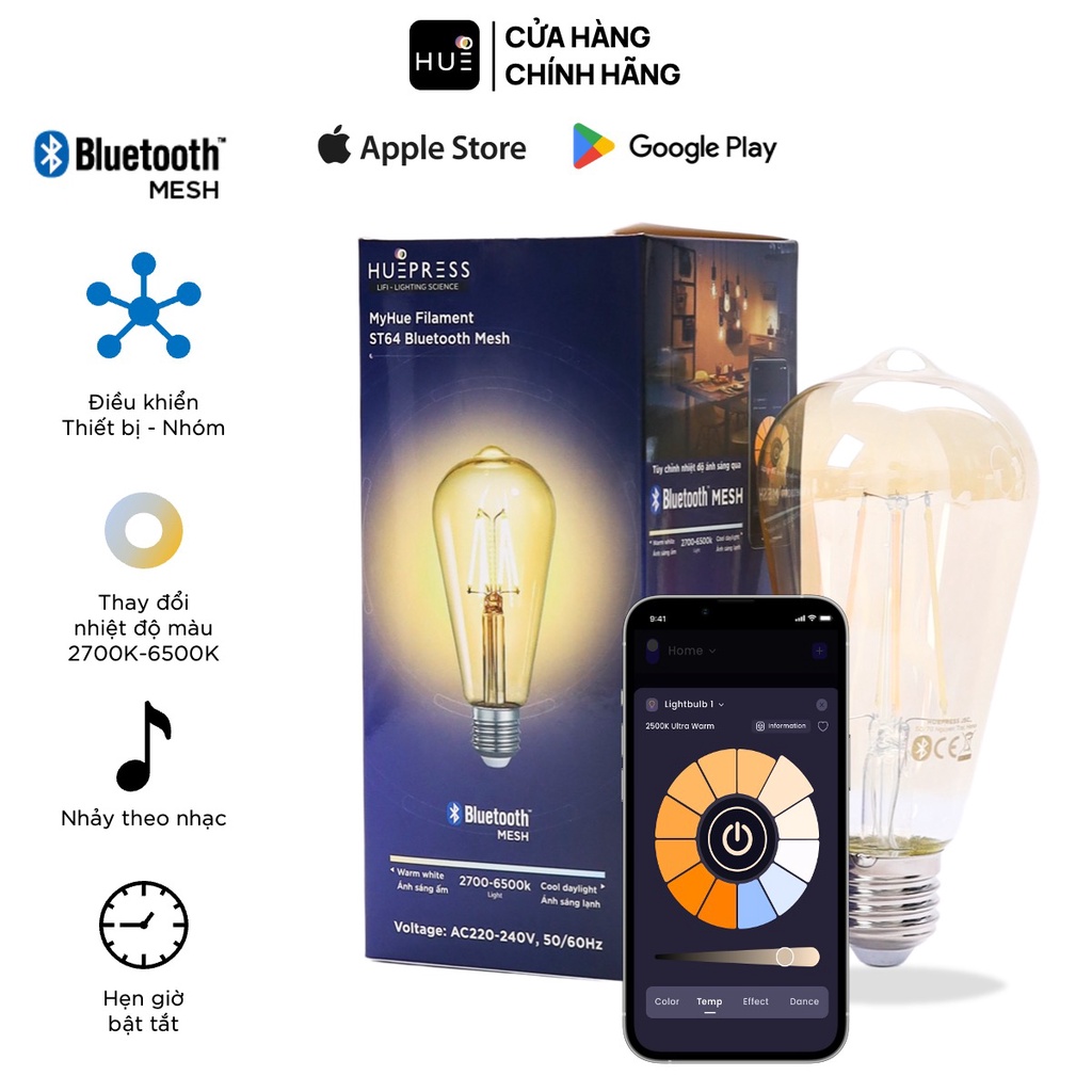 Bóng đèn led thông minh HUEPRESS Bluetooth Mesh Filament Bulb ST64 đui ...