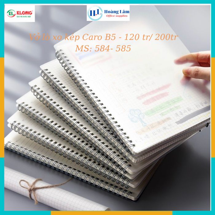 Sổ lò xo kép Caro Klong (6x6) mm khổ B5 - 120, 200 trang bìa nhựa trong suốt, tập sổ Klong; MS ...