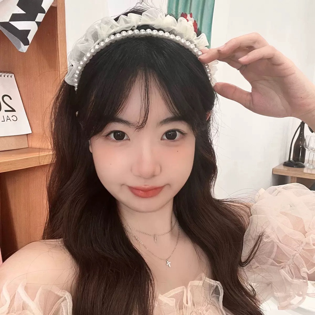 Bờm tóc nữ bờm tóc voan nhún phối hạt trai nhân tạo bồng bềnh tiểu thư ...