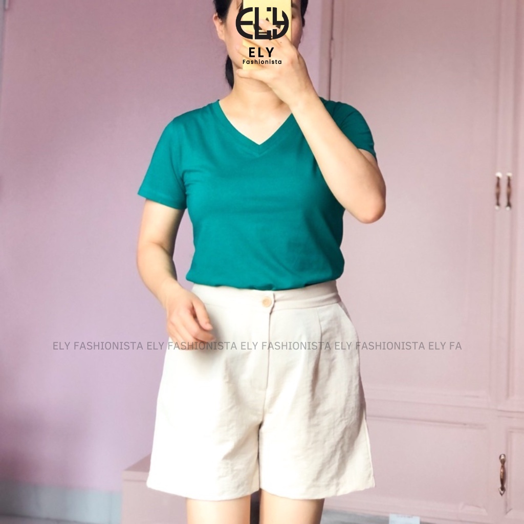 Áo phông nữ ELY trơn cổ tim ngắn tay dáng suông cotton basic đẹp trắng cao cấp, áo thun nữ cổ V ...