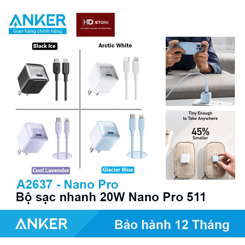 Bộ sạc nhanh 20W Anker PowerPort Nano Pro 511- A2637 + PowerLine 2 USB ...
