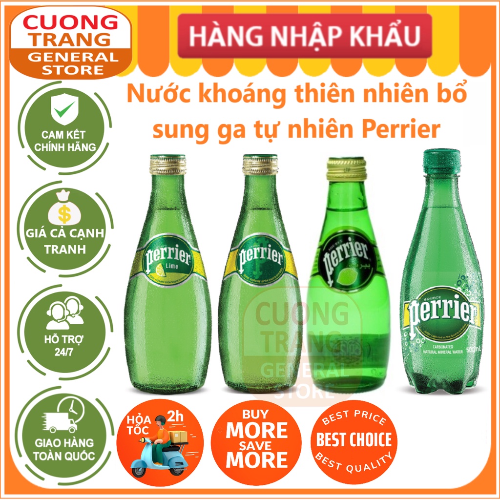 Nước khoáng thiên nhiên bổ sung ga Perrier tự nhiên, chanh xanh, chanh vàng (dạng chai thủy tinh ...
