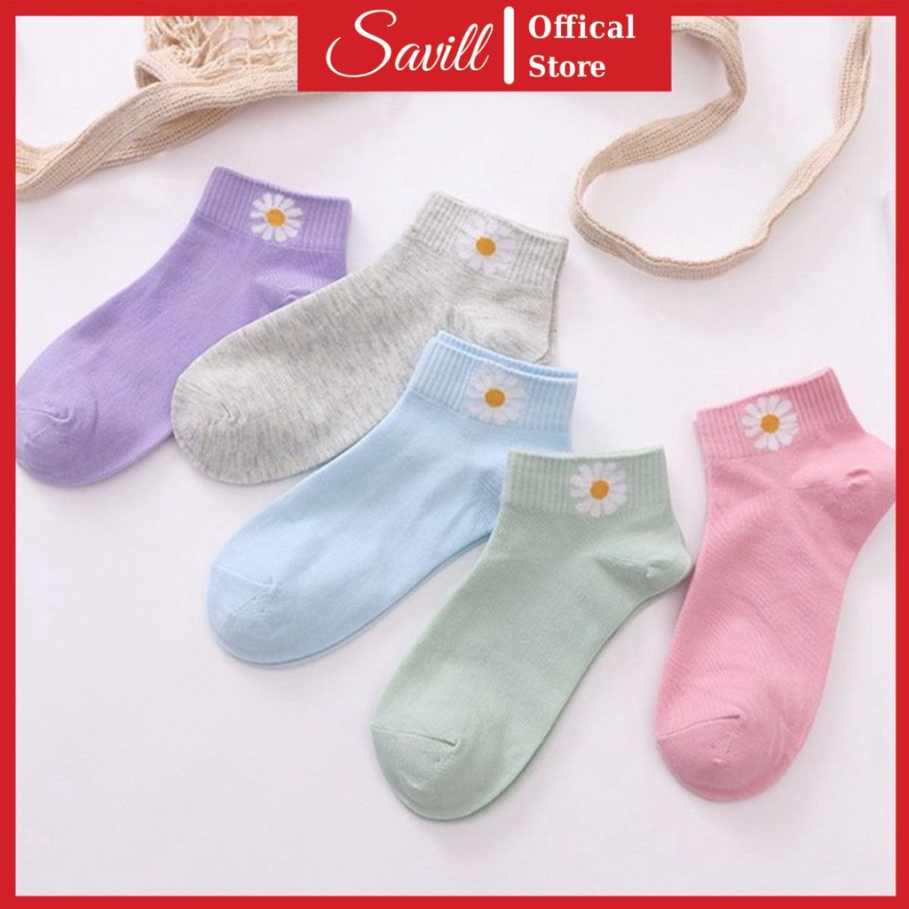 Tất nữ cổ thấp phong cách hàn quốc, Vớ trơn hoa cúc xinh xắn, thoáng mịn kháng khuẩn SAVILL ...