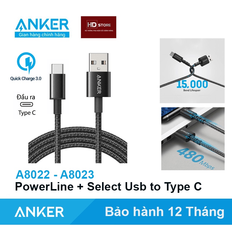 Dây cáp sạc ANKER USB to Type C Bọc dù Sạc nhanh A to C Quick Charge 3.0 15W - A8022 A8023 A8173 ...