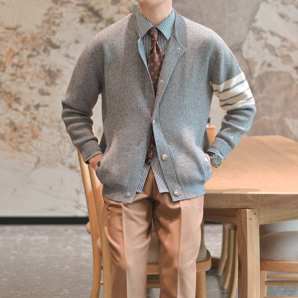 Chất lượng cao Ch t l ng Áo Khoác cardigan nam Tay Dài Dáng Rộng Cổ Tròn Cắt Nút Kim Loại Giản ...