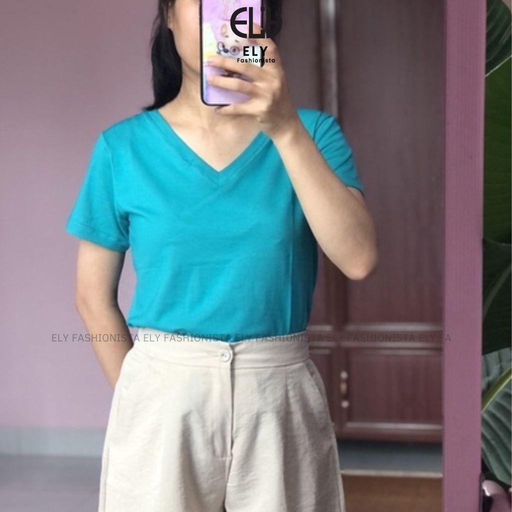 Áo phông nữ ELY trơn cổ tim ngắn tay dáng suông cotton basic đẹp trắng cao cấp, áo thun nữ cổ V ...