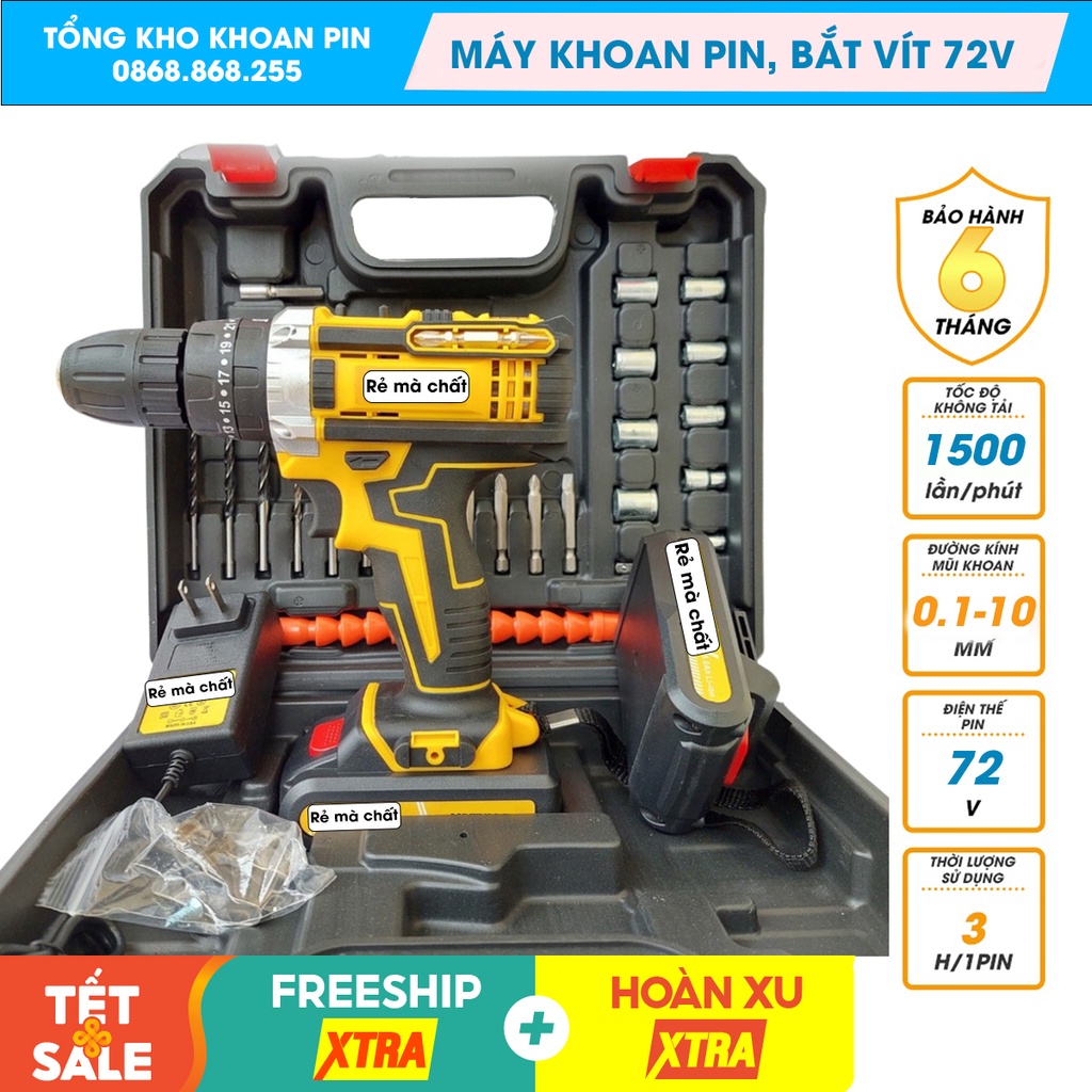 Máy khoan pin De.walt, máy bắn vít 72V 3 chức năng - Tặng bộ phụ kiện 24 chi tiết, Lõi đồng ...