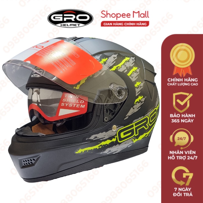 Nón bảo hiểm fullface 2 kính liền hàm chắn gió GRO HELMET st26 chính ...