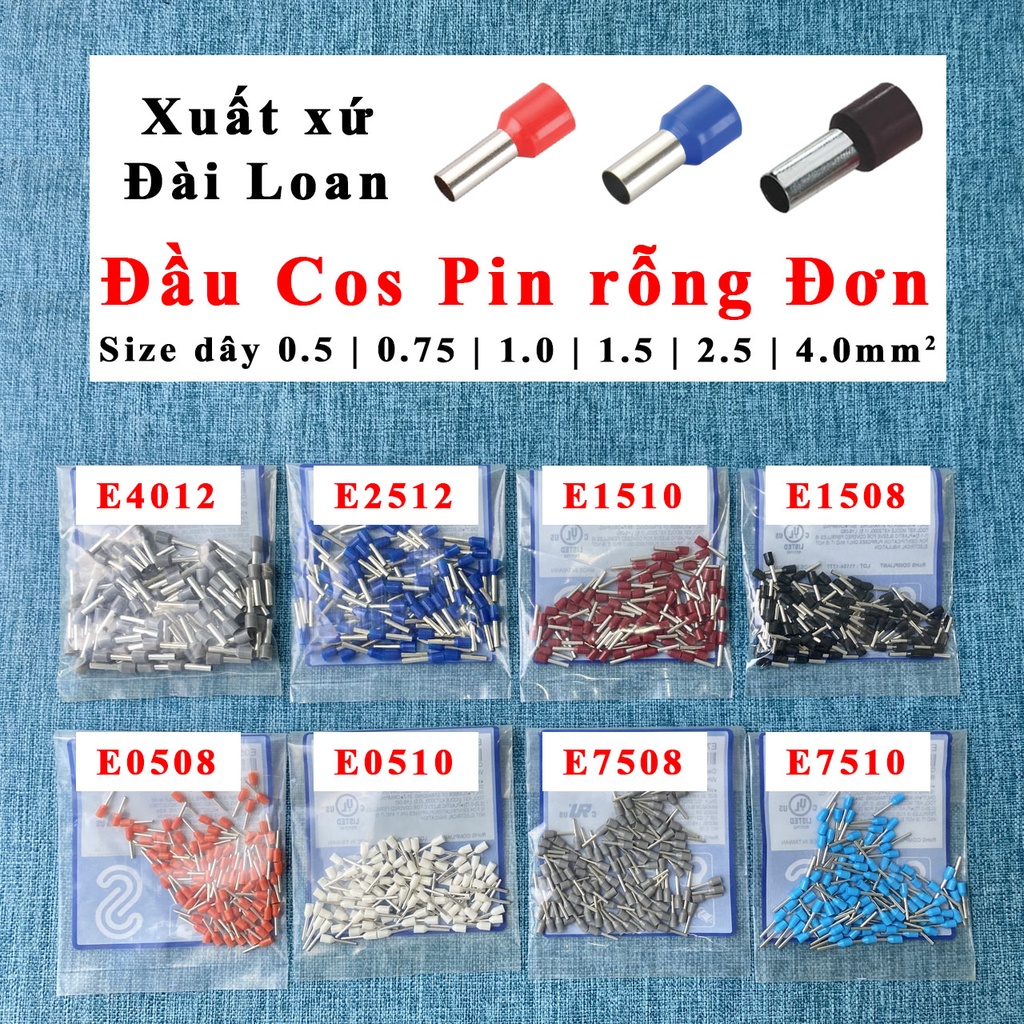 Đầu cos pin rỗng E Đài Loan dây tín hiệu đơn 0.5~4.0mm2 bằng đồng E0508 ...