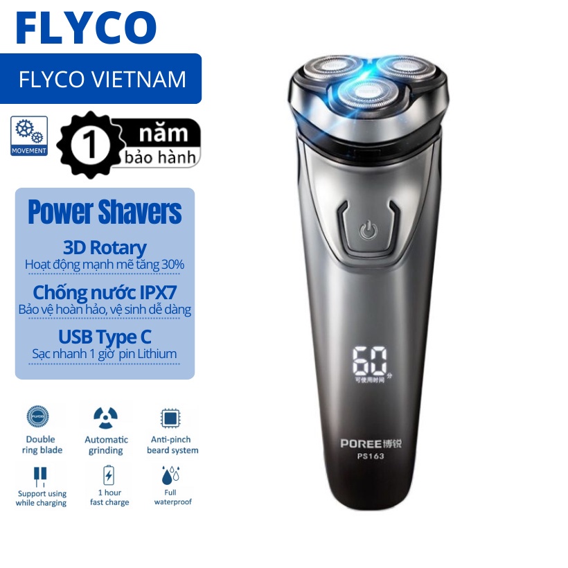 Flyco Máy Cạo Râu Nam Lưỡi Dao 3 Đầu Cạo Khô và Ướt Đa Năng IPX67 Chống Nước PS163 Poree - tăng ...