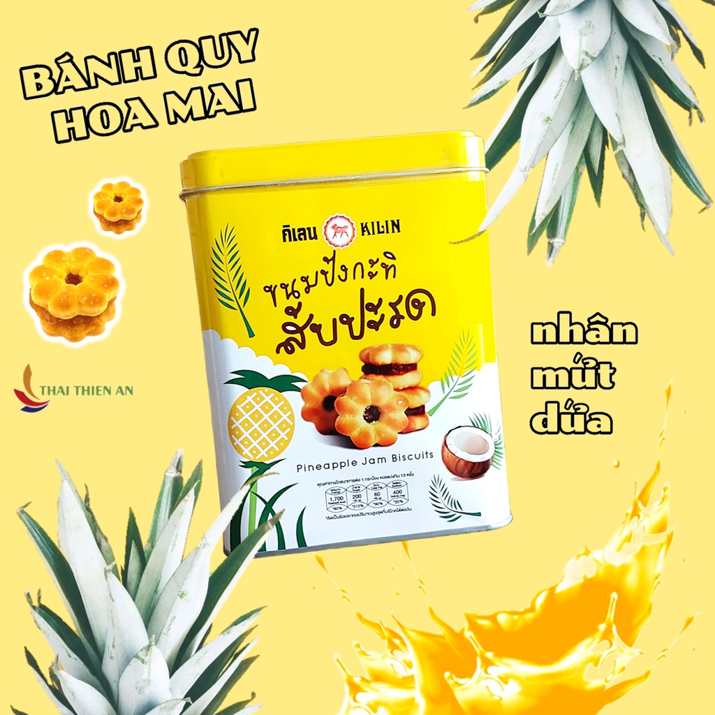 Bánh quy hoa mai nhân mứt dứa KILIN Thái Lan 400gr - hộp thiếc màu vàng - Pineapple jam biscuit ...