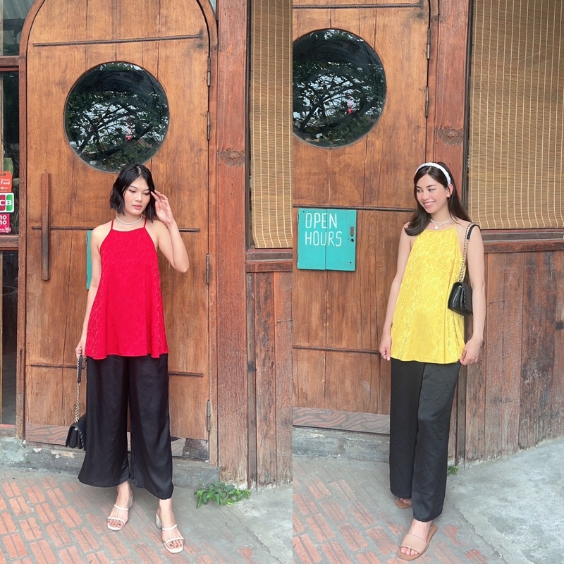 Set áo yếm 2 dây lụa gấm đỏ/vàng kèm quần lụa dài - Audrey Studio ...