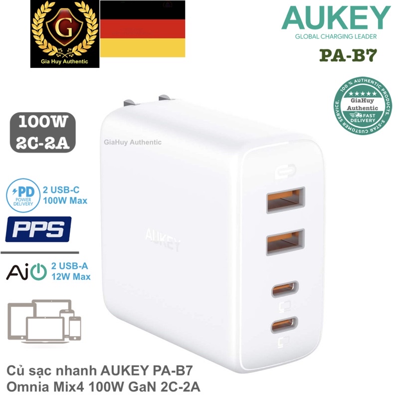 Củ sạc nhanh AUKEY PA-B7 Omnia Mix 4 GaN 102W 2C-2A PD/PPS 2.0 100W ...