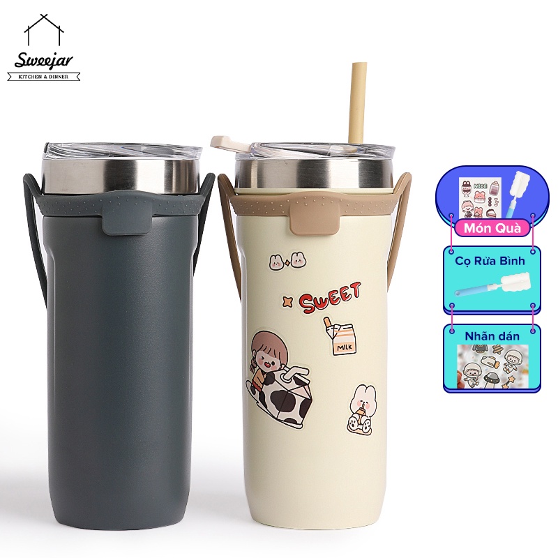 Cốc nước giữ nhiệt SWEEJAR bằng thép không gỉ 304 thiết kế nhỏ gọn kèm ống hút dung tích 550ml ...