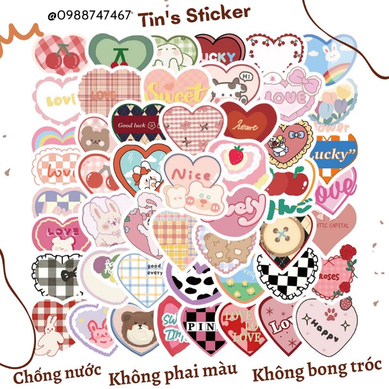 Set combo 100 miếng dán sticker trái tim dán nón mũ bảo hiểm laptop ...