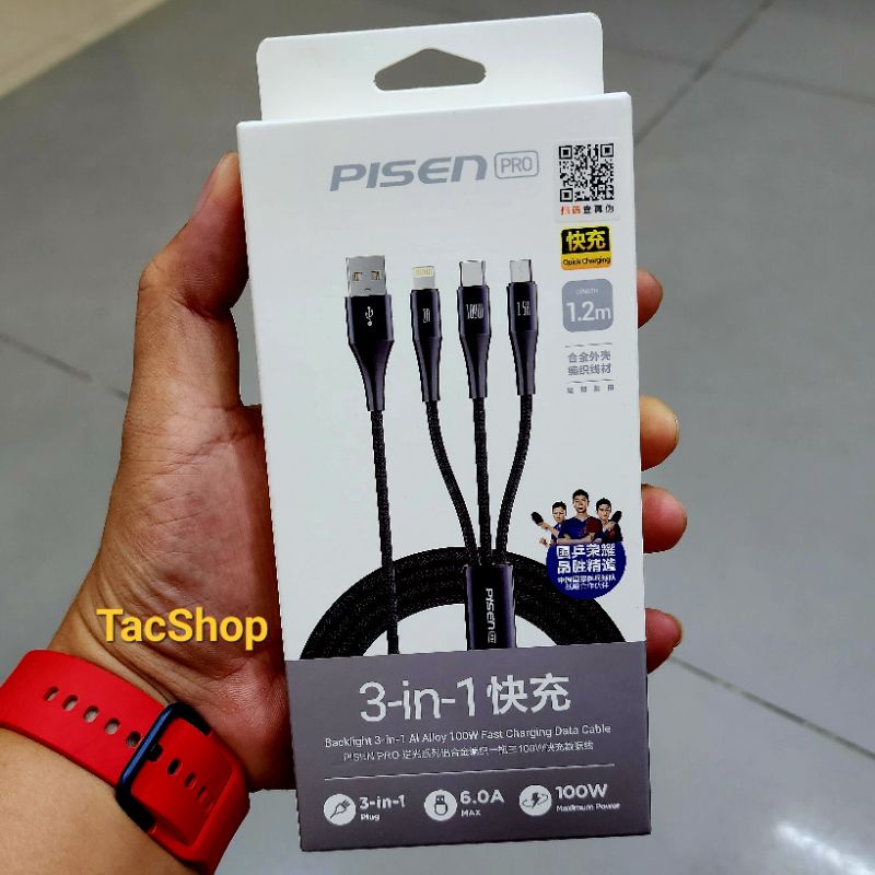 Cáp sạc nhanh 3 đầu Pisen AP37 hỗ trợ sạc nhanh 100W Super VOOC của ...