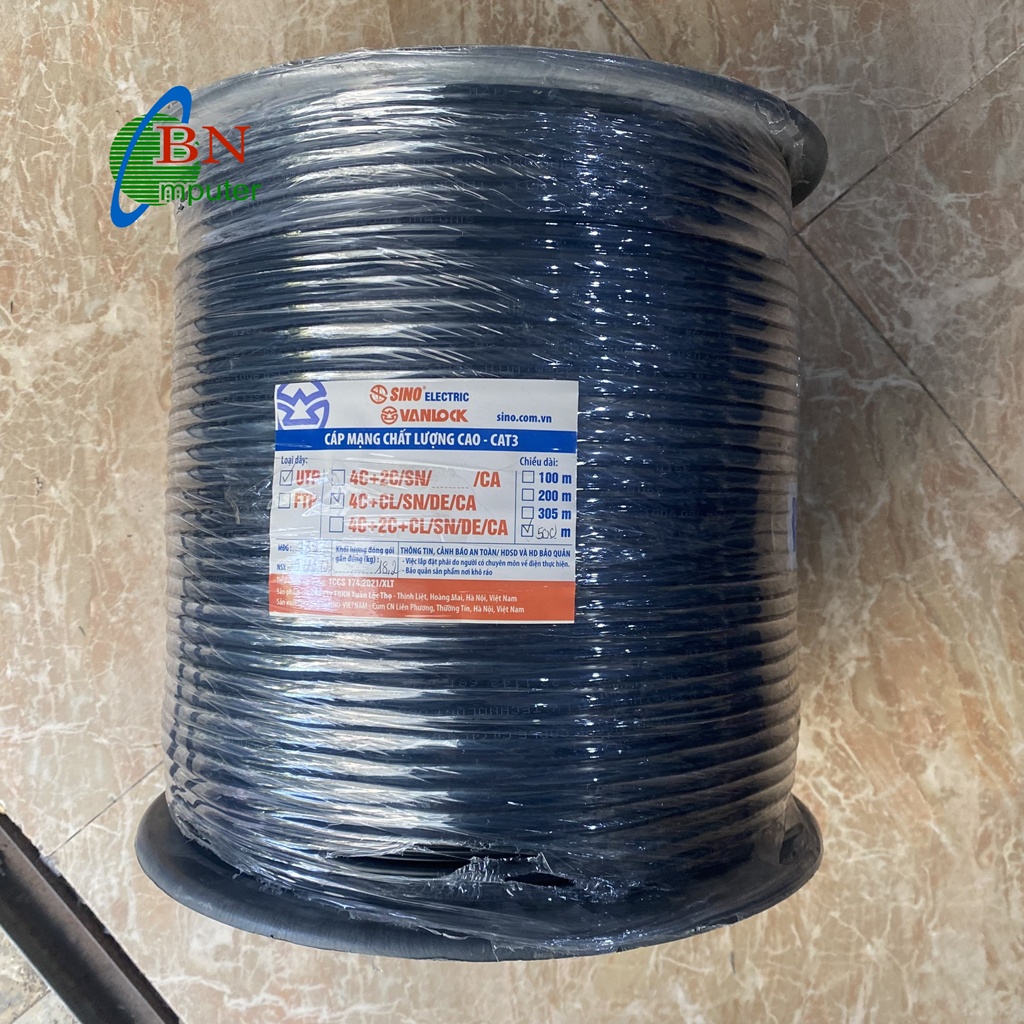 Dây cáp mạng CAT 3 SINO 4 lõi có gia cường có dầu cuộn 500m, dây màu đen, chất lượng tốt ...
