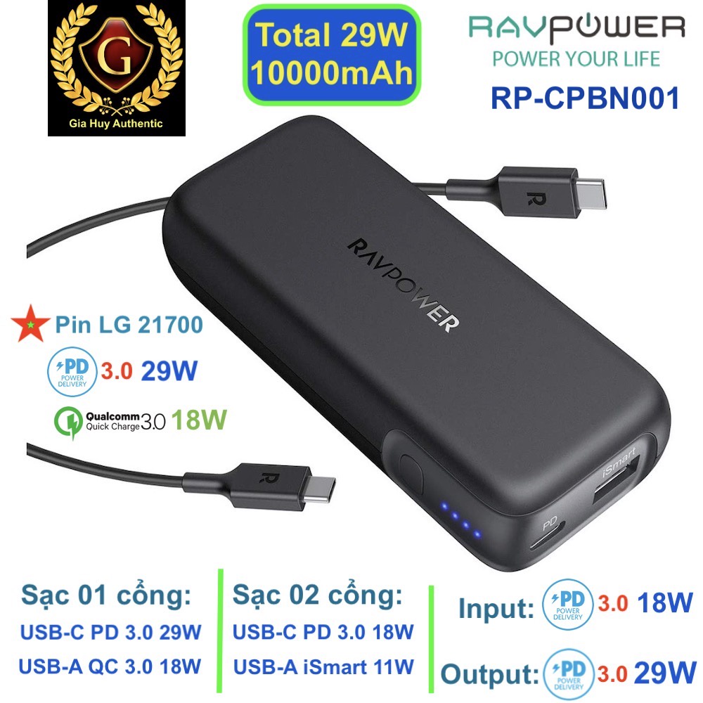 Pin sạc dự phòng RAVPOWER RP-PB186 10000mAh PD 29W 1C-1A | Shopee Việt Nam