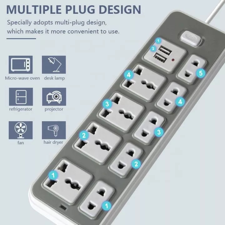 Ổ Cắm Điện Power Strip 2 USB，5 plugs, , 9 universal socket wire long 1. ...