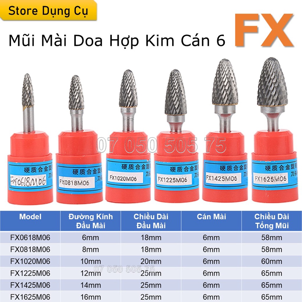 6-16mm Mũi mài doa hợp kim cán 6 FX | Cùi thơm cán 6 ly | Mũi mài hợp ...