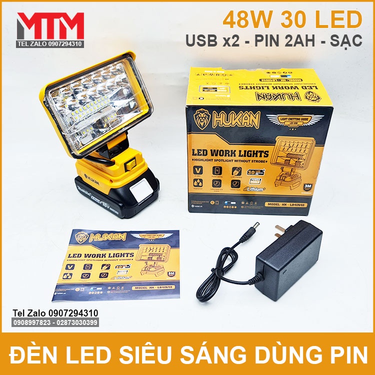 Đèn led siêu sáng 48W Hukan dùng pin phổ thông - kèm pin và sạc ...