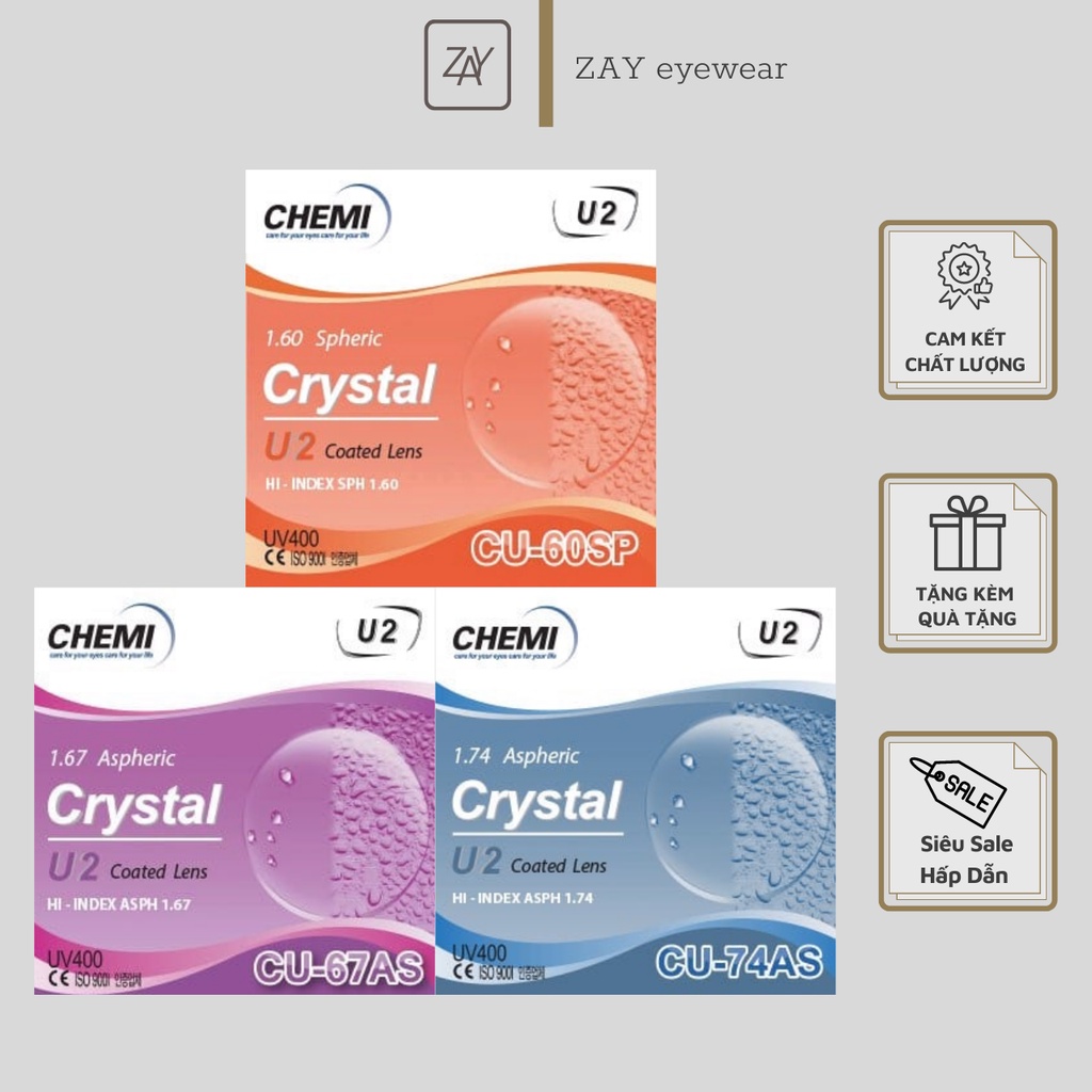 Tròng kính Siêu mỏng Chemi U2 1.60 1.67 1.74 Crystal Coated chống tia UV400 chính hãng | Shopee ...