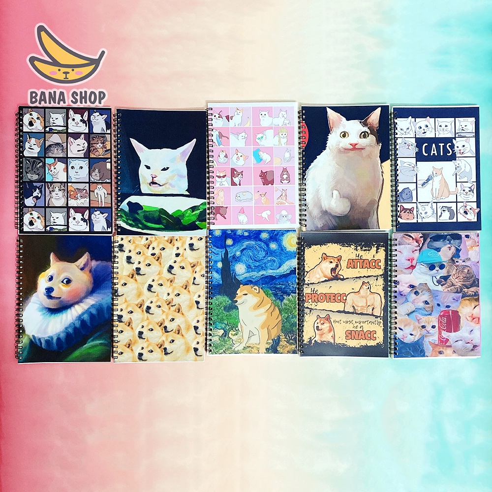 Sổ lò xo size A5 100 trang meme mèo, cheems doge chó shiba vàng siêu ...