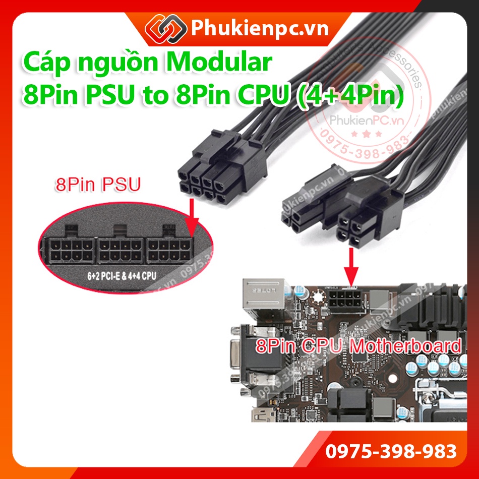 Dây cáp nguồn Modular 8Pin PSU sang 8Pin CPU (4+4Pin). Cấp nguồn cho Mainboard từ nguồn Modular ...