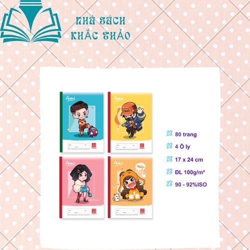 Combo 5q vở 80 trang Hồng Hà School Ami 0515 -4 oly vuông,giấy trắng tự ...