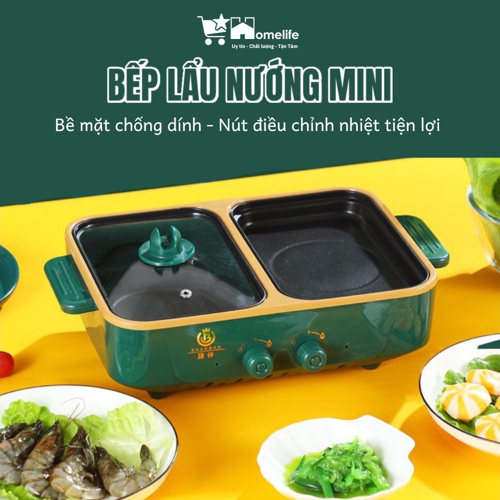 Bếp lẩu nướng 2 ngăn mini SHANBAN, 2 ngăn chống dính hiệu quả, 2 chế độ ...
