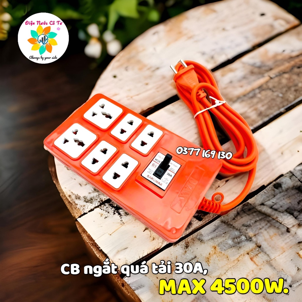 Ổ cắm 6 lỗ chịu tải chịu nhiệt LÕI SỨ có CB 30A 4500w Sanomax (dây dài ...