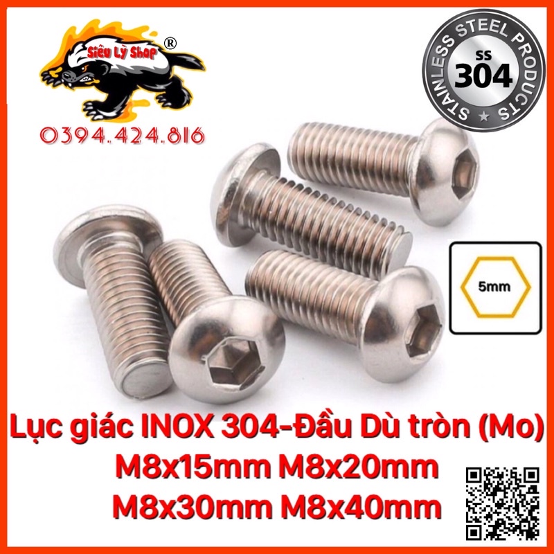 Bulong Ốc lục giác INOX 304 M8 - Đầu dù tròn (Đầu Mo)-(Set 5 con hoặc ...