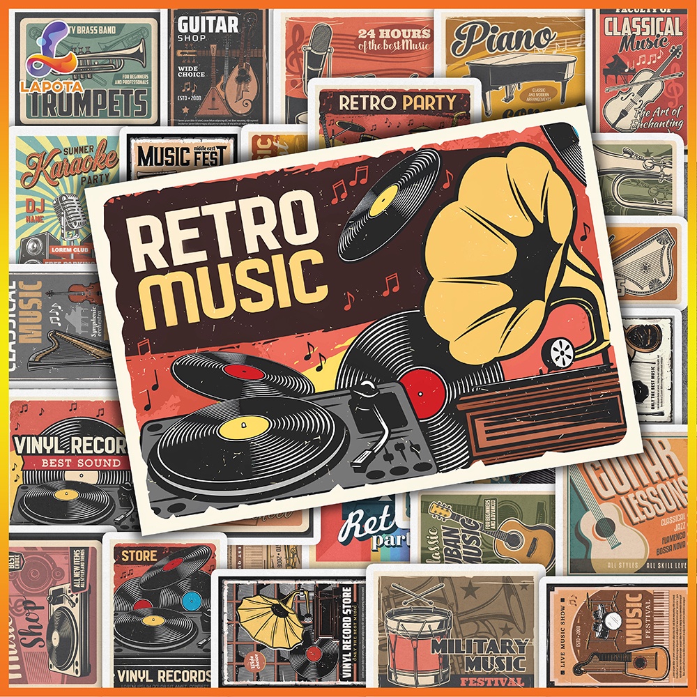 Set 50 cái Sticker Music Retro, Hình Dán các loại nhạc cụ chống nước ...