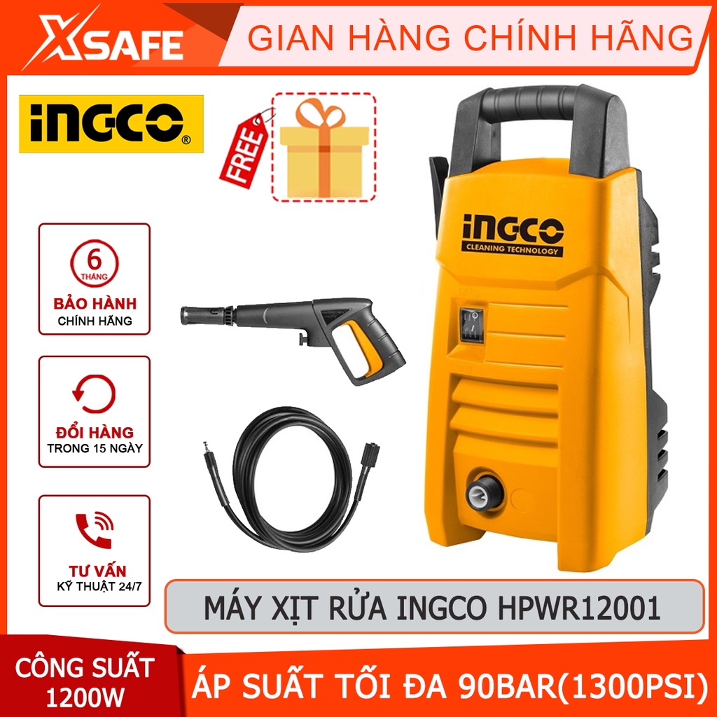 Máy xịt rửa INGCO HPWR12001 1200W áp suất tối đa 90Bar (1300psi), kèm 1 bộ súng xịt, dây cao áp ...