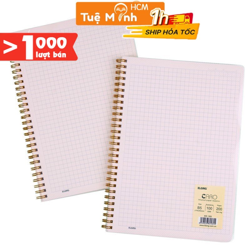 Vở lò xo caro 6x6 mm 200 trang B5 bìa nhựa trong suốt Klong MS 585, tập sổ Klong MS585 giấy dày ...