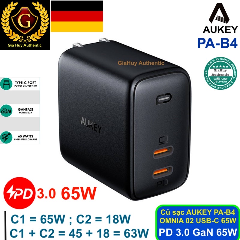 Củ sạc nhanh AUKEY PA-B4 OmniaChip 65W GaN 02 USB-C (1C PD 65W & 1C PD 18W) | Shopee Việt Nam