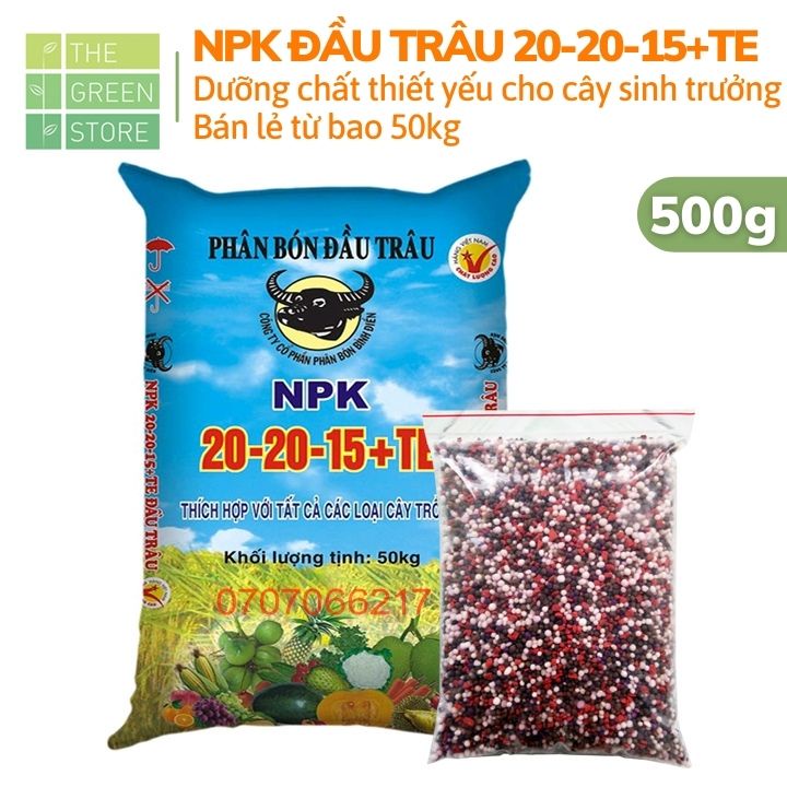 Phân bón NPK Đầu Trâu 20-20-15 + TE (500G - 1KG chiết lẻ từ bao 50kg) dạng hạt 3 màu, dùng cho ...