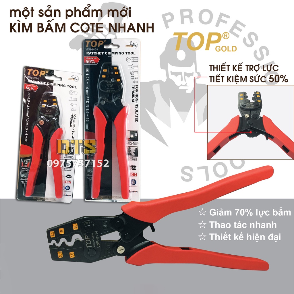 Kìm bấm cos nhanh hãng TOP GOLD, kìm bấm đầu cos tròn trợ lực, tăng độ rơ đầu bám, chính xác cao ...