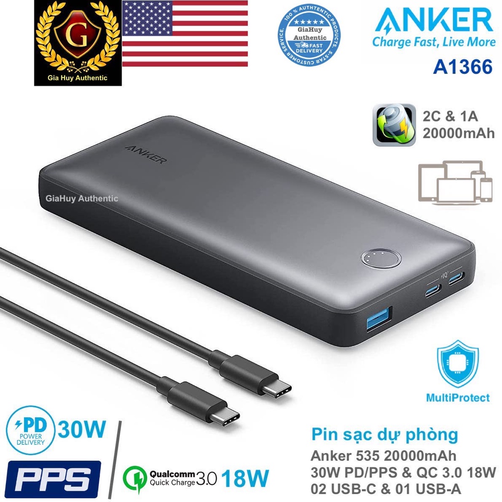 Pin sạc dự phòng ANKER 535 PowerCore 20000mAh 30W PD/PPS 2C-1A - A1366 ...