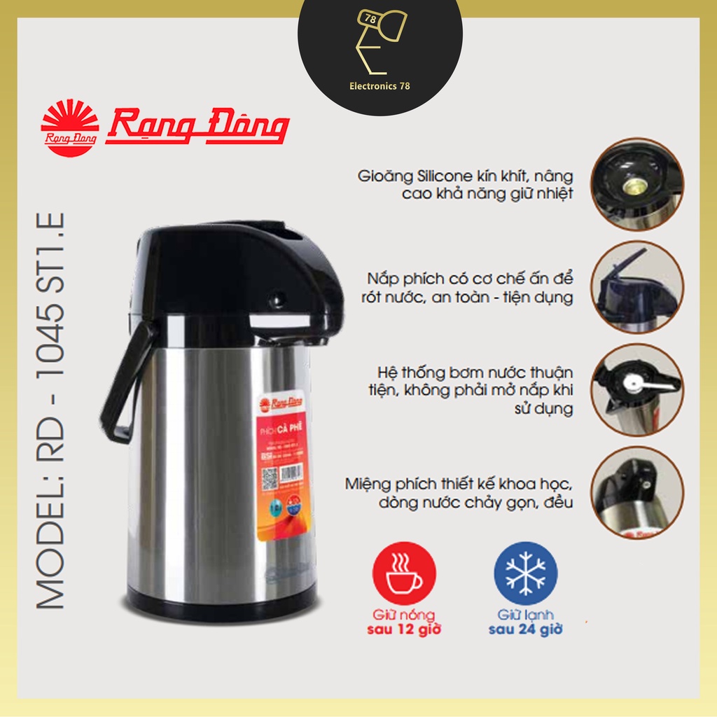 [1L-2L] Phích giữ nhiệt Inox cao cấp Rạng Đông 2045 ST1.E, Cần bơm rót ...
