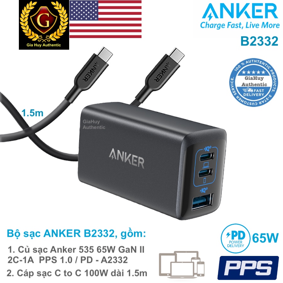 Bộ sạc B2332: Củ sạc nhanh ANKER 535 PPS/PD 65W 2C1A - A2332, kèm Cáp sạc C to C PD 100W dài 1 ...