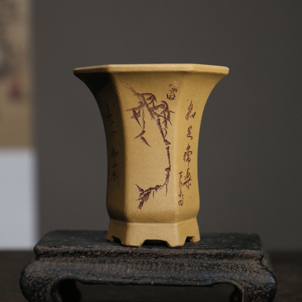 Yixing Chậu Hoa Cát Tím [Huayun] Chậu Dốc Hình Lục Giác Thủ Công Để Bàn Kích Thước Nhỏ Su Ling ...